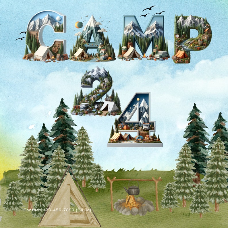 Camping Alphabet Letters Bundle, Camping PNG Letters, Numbers, Camping ...