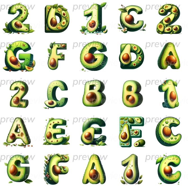 Avocado Alphabet Bundle, Avocado Letters & Numbers , Transparent PNG ...