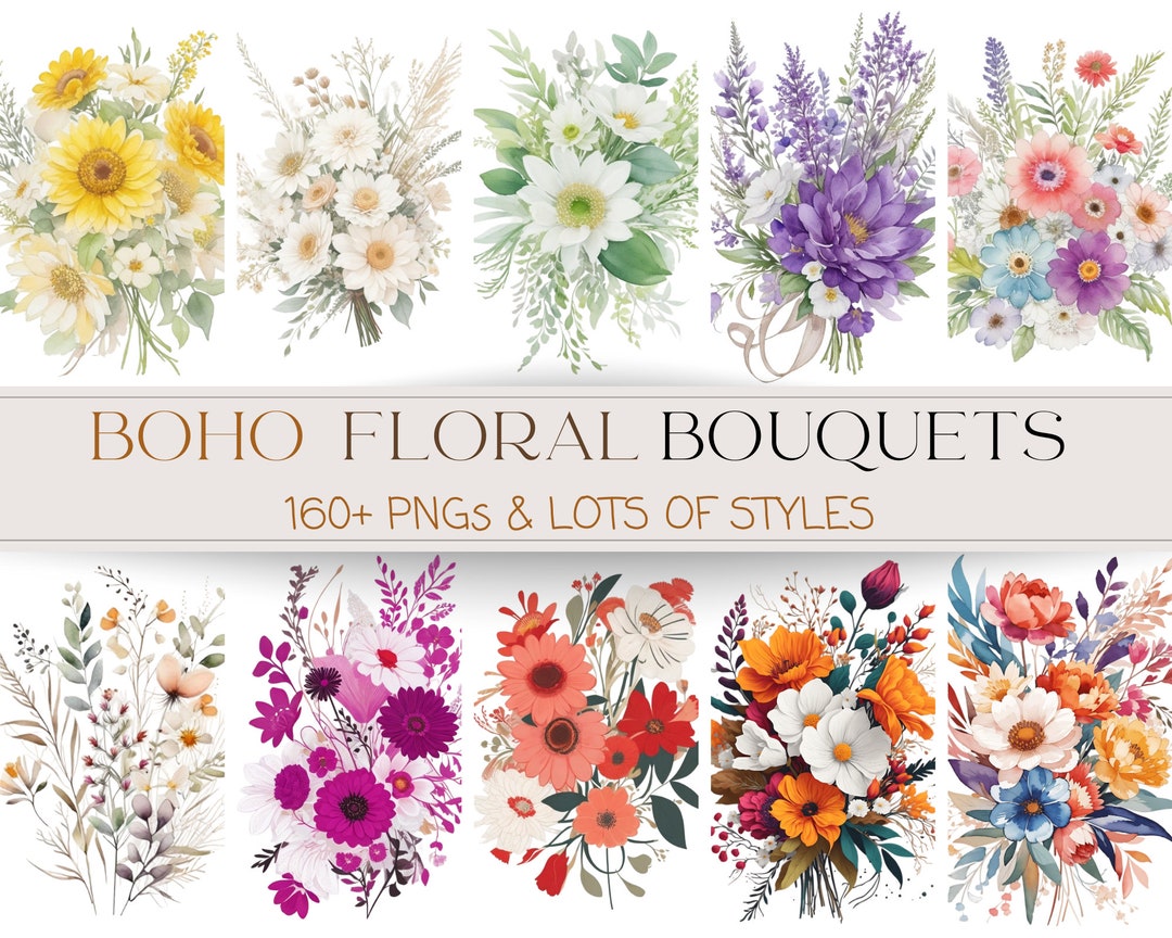 160+ Boho Flower Bouquet PNG Images, Vintage Watercolor Bohemian Floral ...
