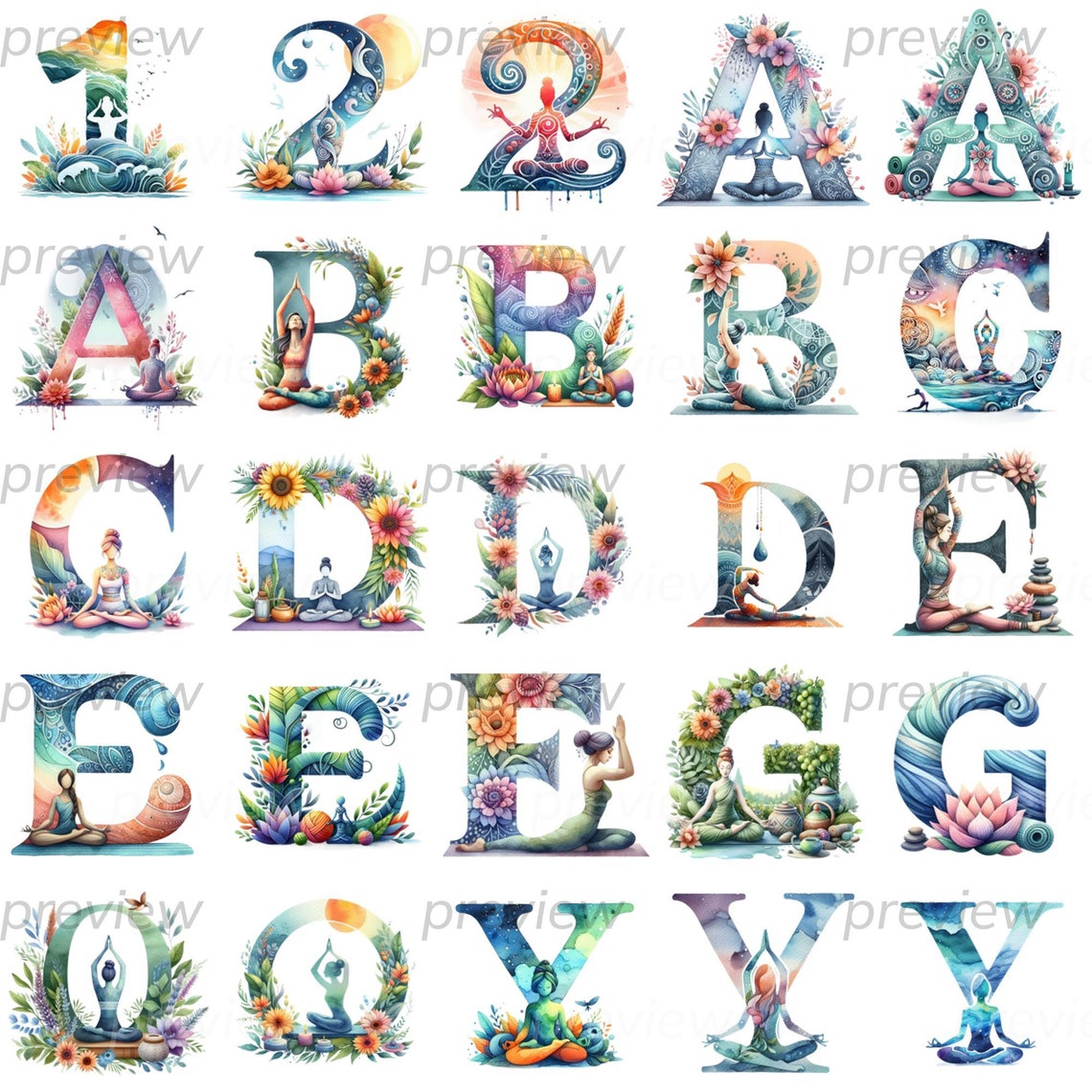 Yoga Alphabet Bundle, Watercolor Yoga Letters and Numbers, Transparent ...