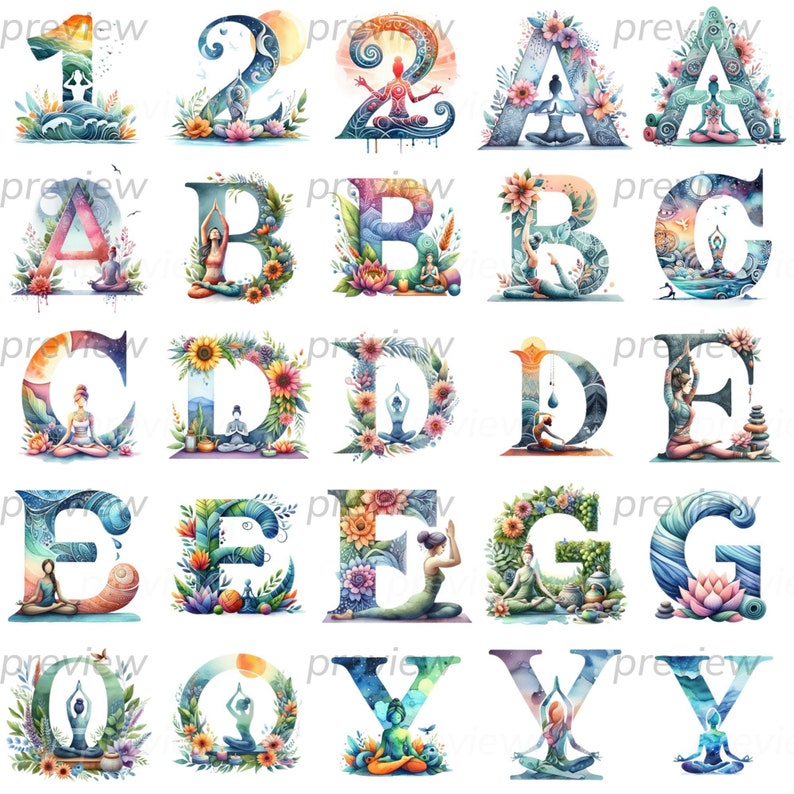 Yoga Alphabet Bundle, Watercolor Yoga Letters and Numbers, Transparent ...