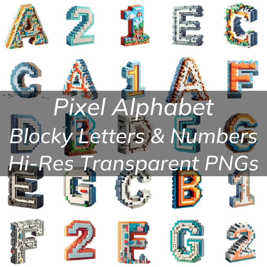 Pixel Alphabet Bundle, Retro Gaming Blocky PNG Gamer Letters, Numbers 8 ...