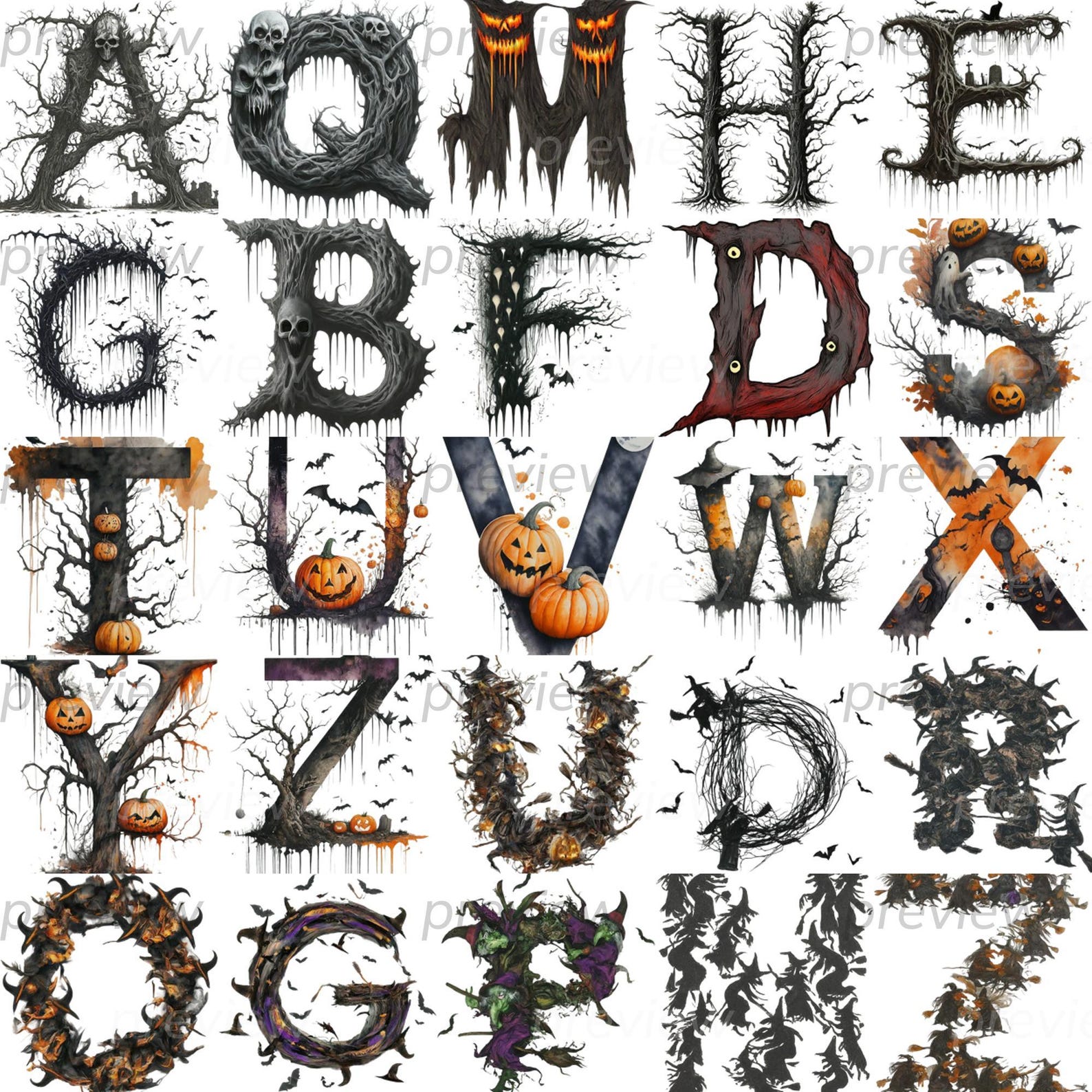 Halloween Spooky Alphabet Bundle, 3 Sets, Transparent PNG Letters, With ...