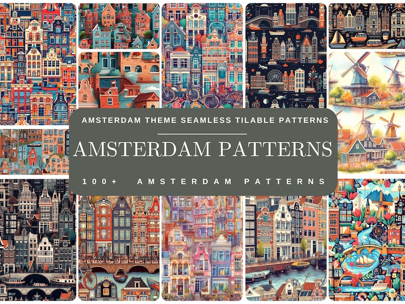 Amsterdam Themed Tilable Seamless Patterns, Canals, Houses and Bicycles ...