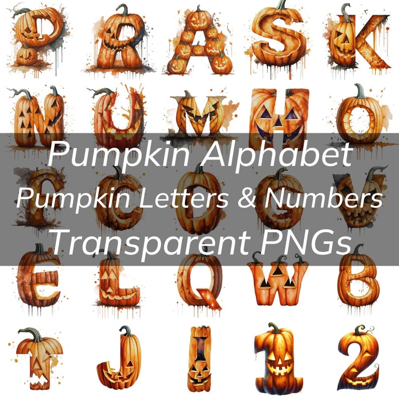 Pumpkin Alphabet Bundle, Jack-o'lantern Watercolor Carved Letters ...