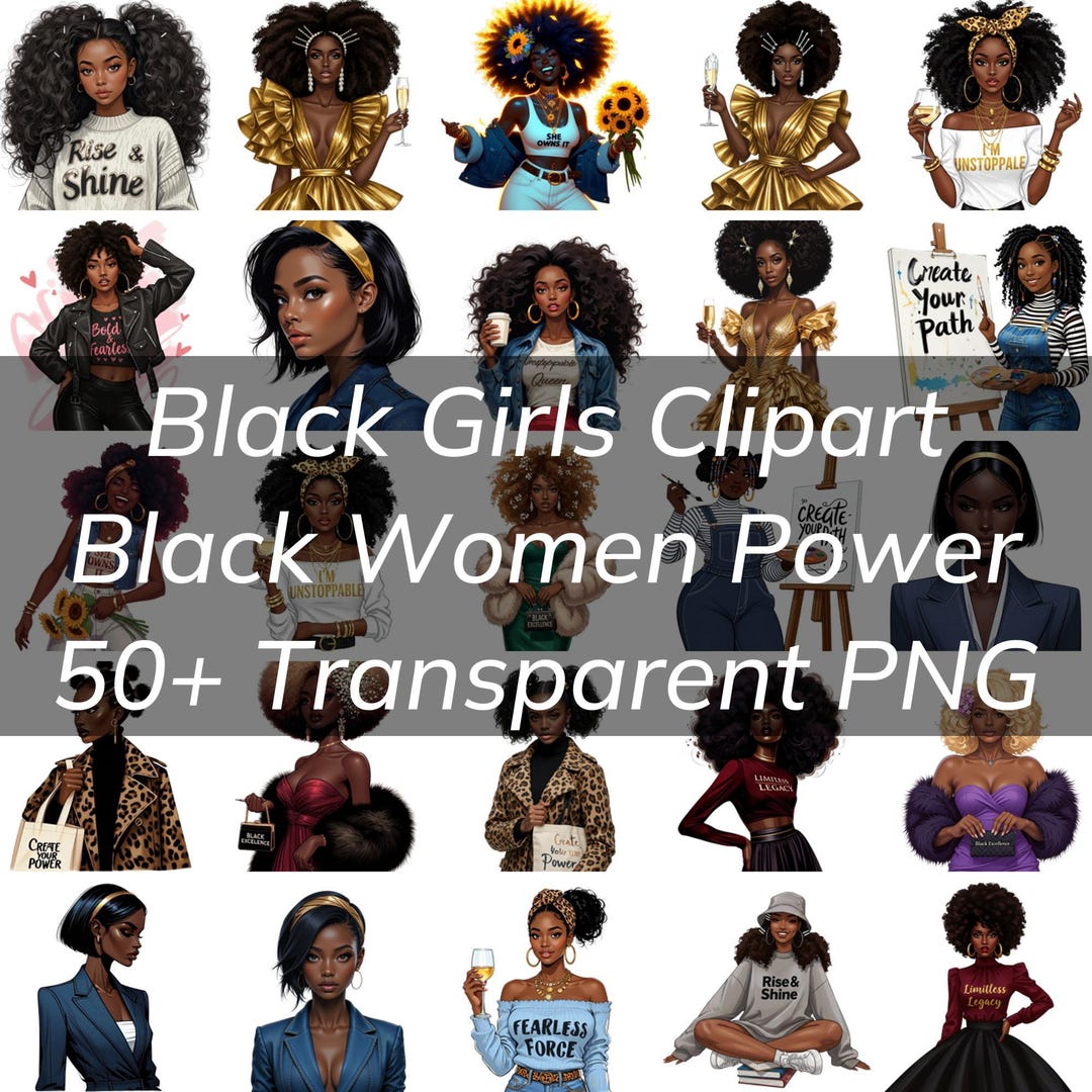 Black Girl Clipart Bundle 50+ PNG Images Fashionable Afro Chic Luxury ...