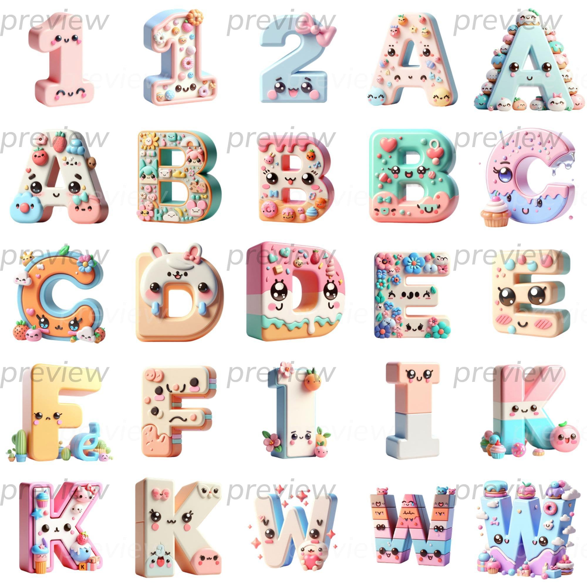 Kawaii Alphabet Bundle, Colorful Kawaii Letters & Numbers , Transparent ...
