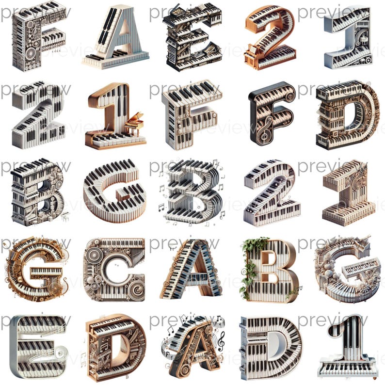 Piano Alphabet Bundle, Piano Keys Letters & Numbers Transparent PNG ...