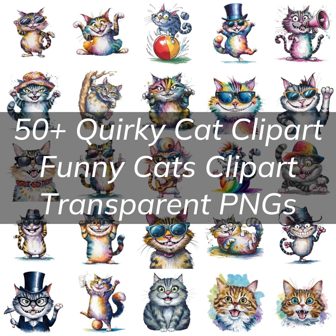 50+ Quirky Cat PNG Clipart Bundle Colorful Funny Cats for Cards ...