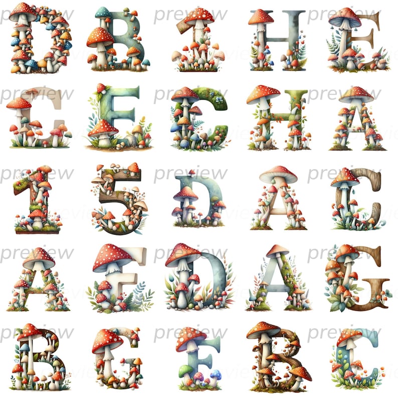 Watercolor Mushroom Alphabet, Mushroom Theme Letters Numbers Mushroom ...