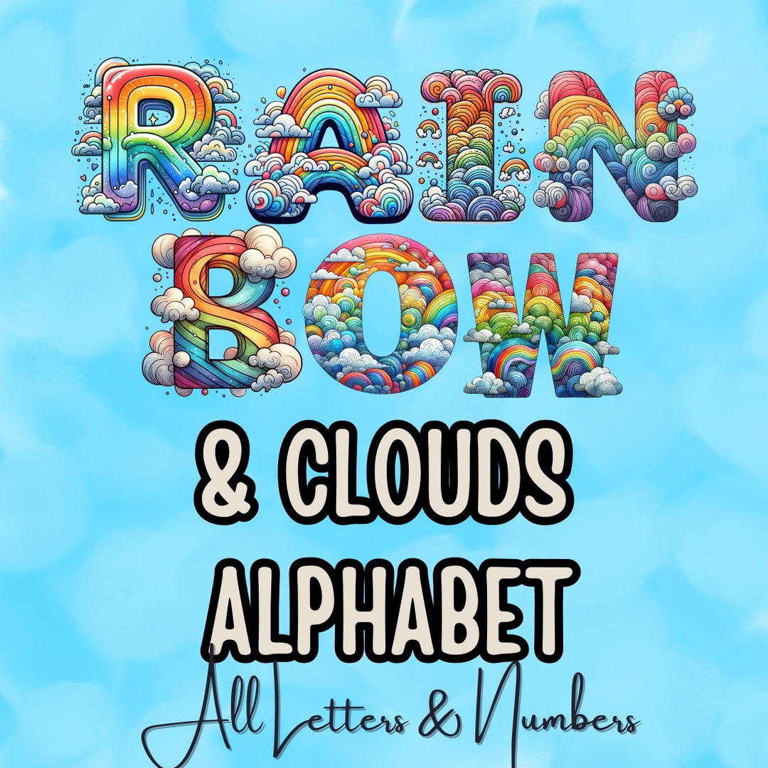 Rainbow & Clouds Doodle Alphabet, Rainbow Letters Numbers PNG ...