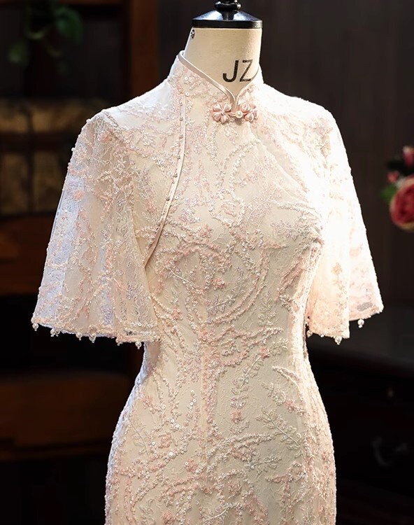 Flutter Short Sleeves Qipao Mandarin Collar Modern Qipao Lace Cheongsam ...