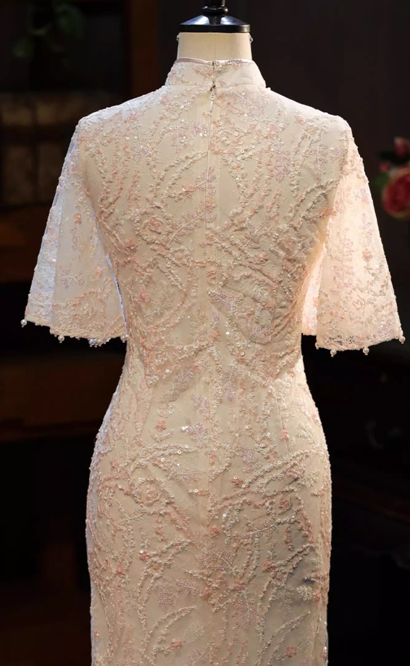 Flutter Short Sleeves Qipao Mandarin Collar Modern Qipao Lace Cheongsam ...