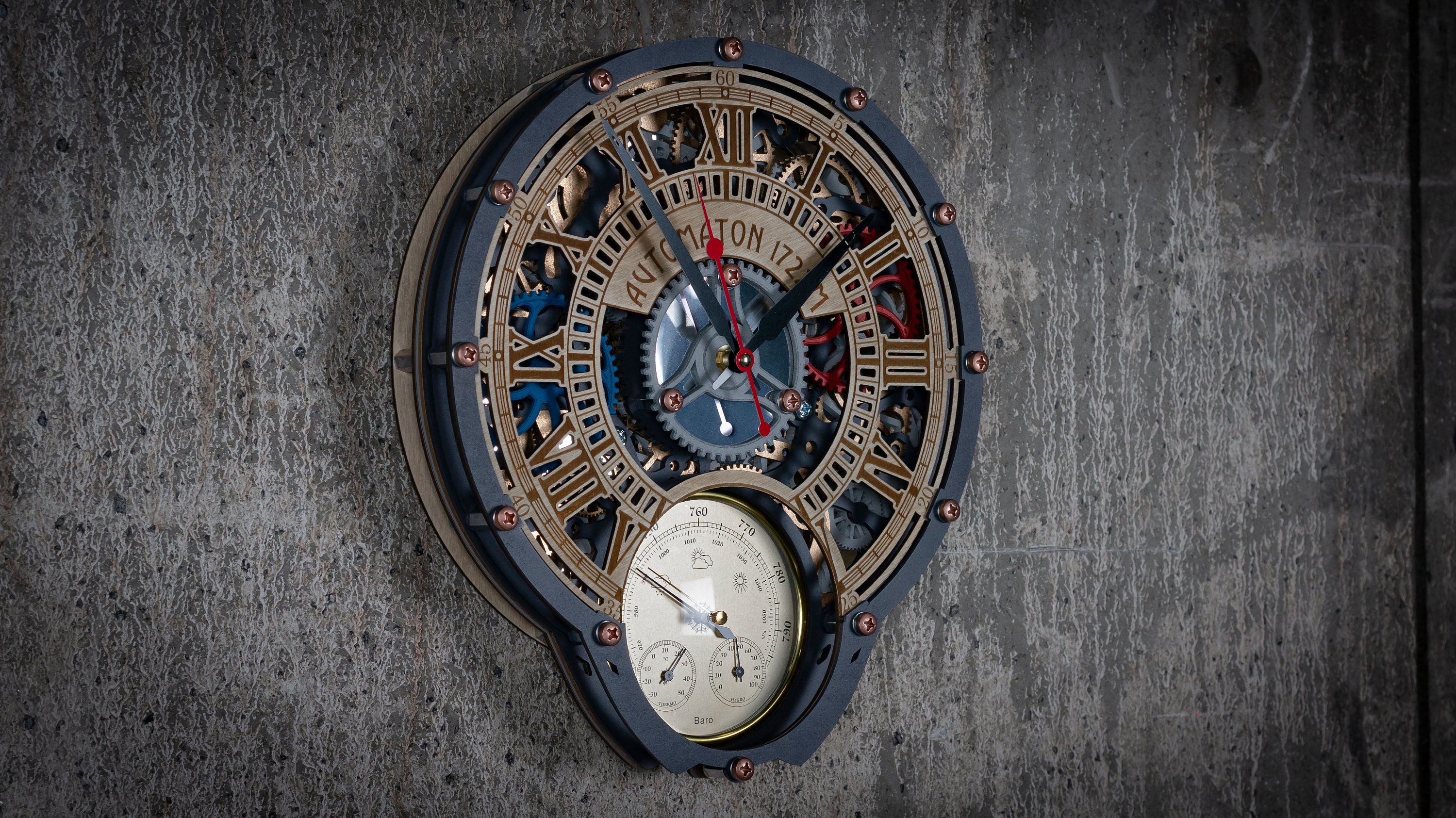 Automaton wall clock with Weather Station Skeleton 1722 moving | Etsy