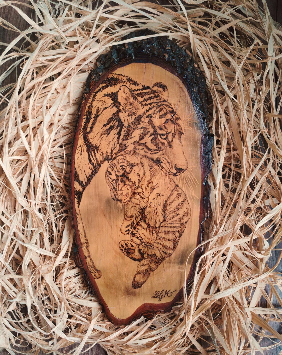 Rustic Pyrography Art on Wood | Mother Tiger and Cub Design | Wooden ...