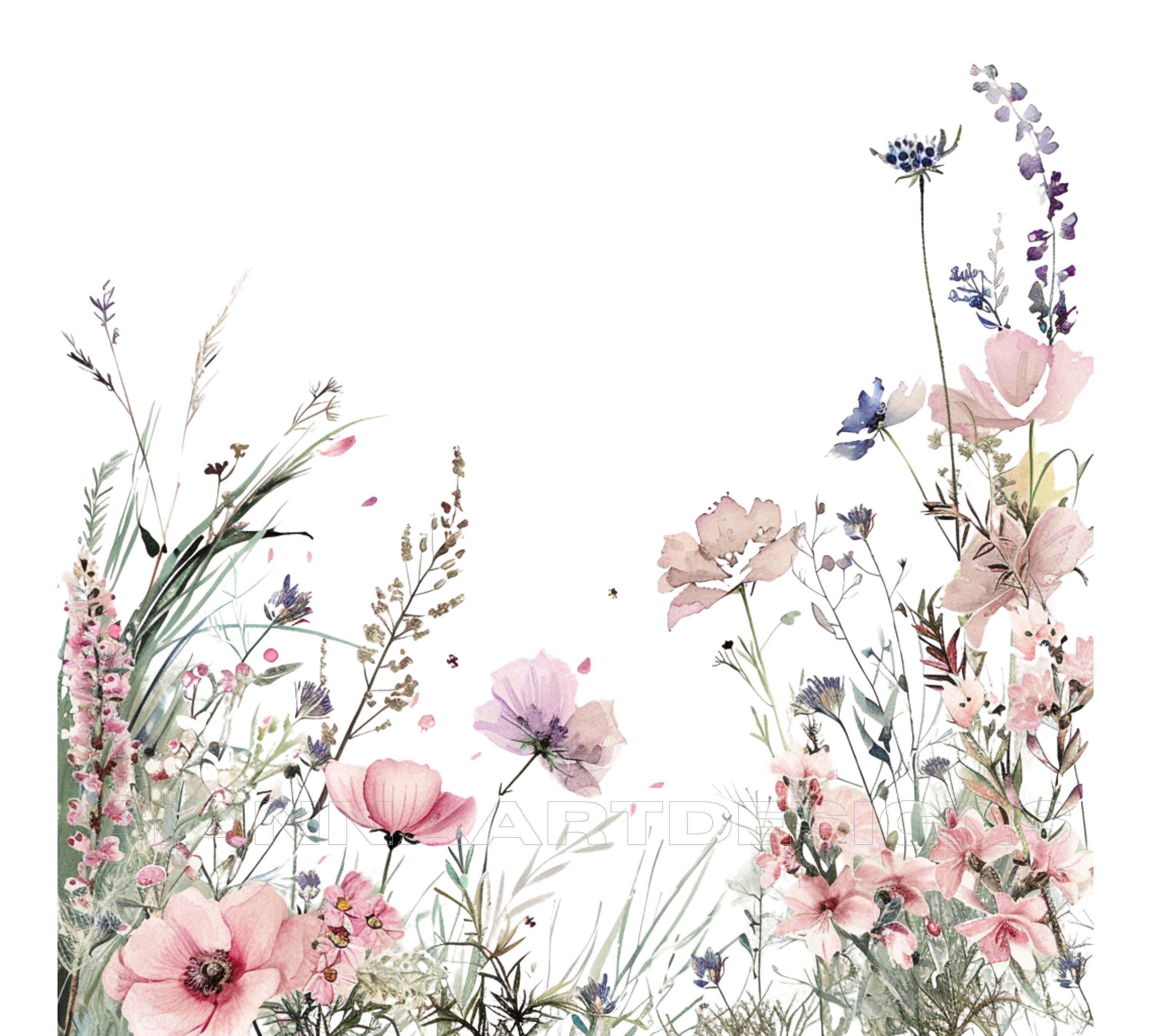 Wildflower Borders Watercolor Clipart: Vibrant Wild Flowers PNG, Nature ...