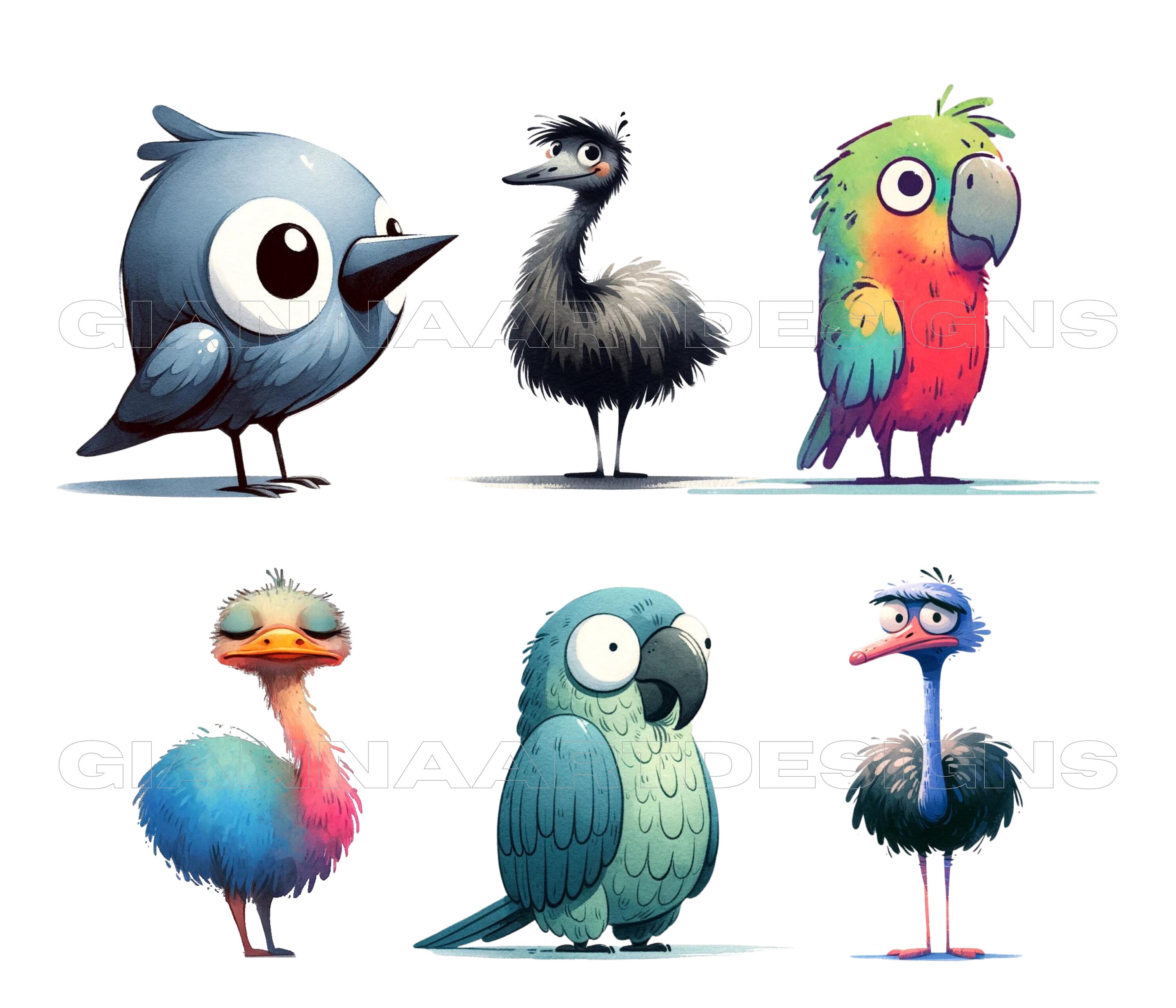 Quirky Birds Clipart Set - Cute and Funny Watercolor Birds PNG, Digital ...