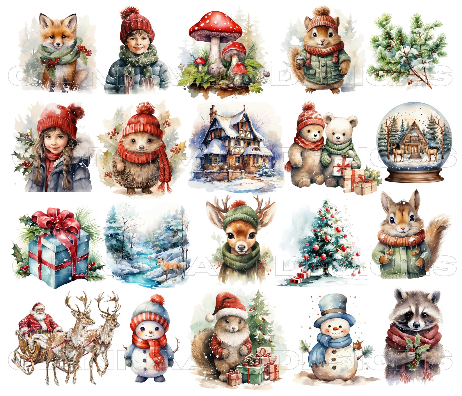 Watercolor Christmas Woodland Clipart Bundle - Santa, Animals, Trees ...