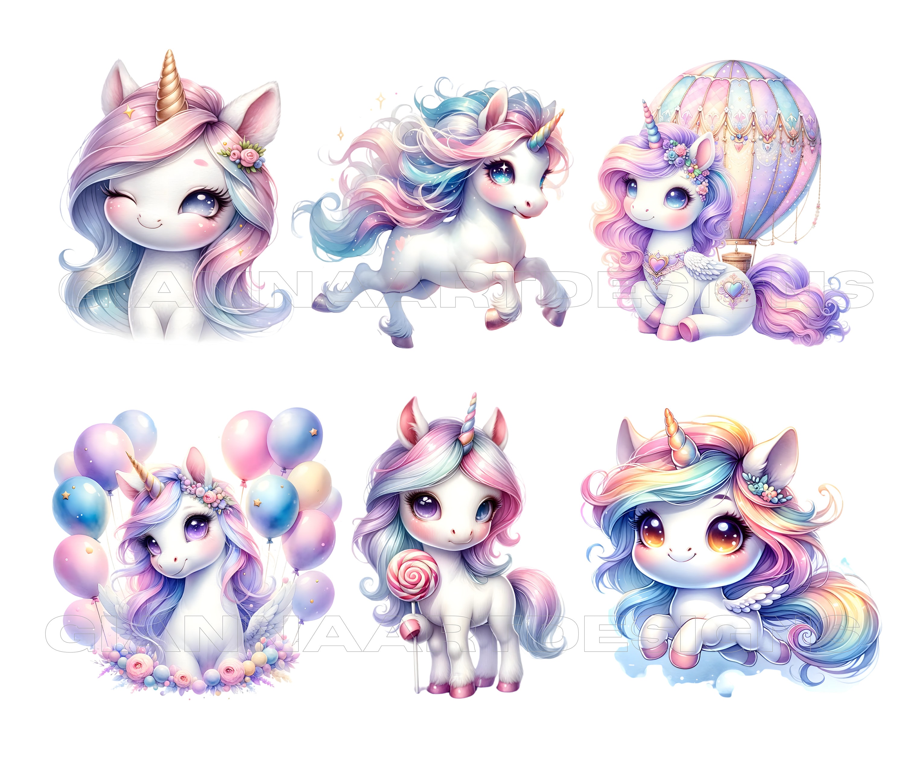 Pastel Unicorn Clipart - Cute Watercolor Unicorns PNG, Digital Download ...