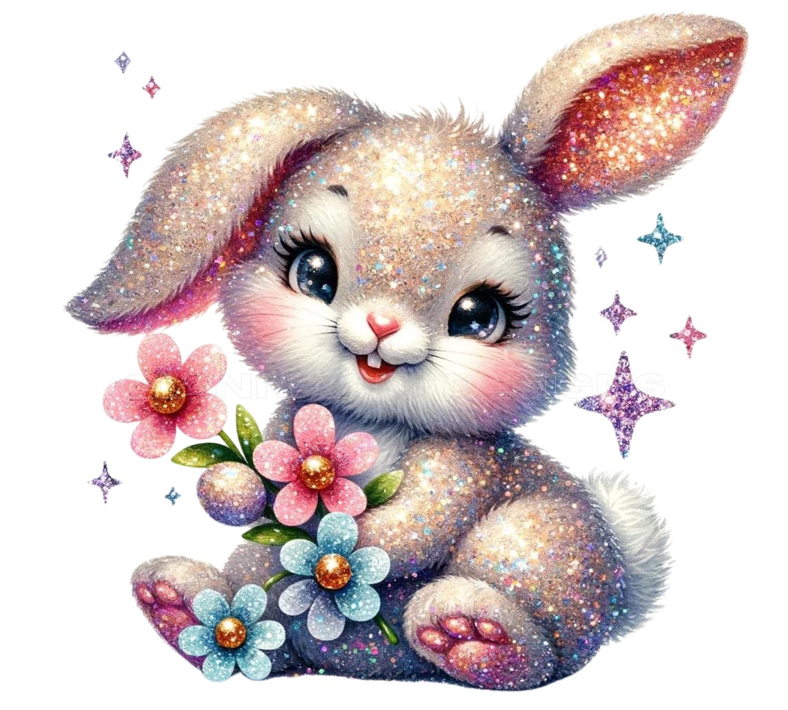 Sparkling Bunny Glitter Clipart: Shiny Rabbit PNG, Festive Spring ...