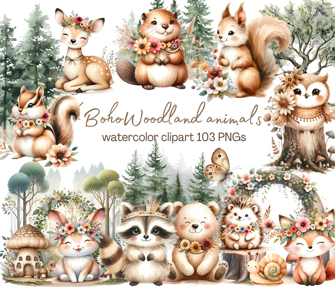 Boho Woodland Animals Clipart: Watercolor Pngs, Digital Download ...