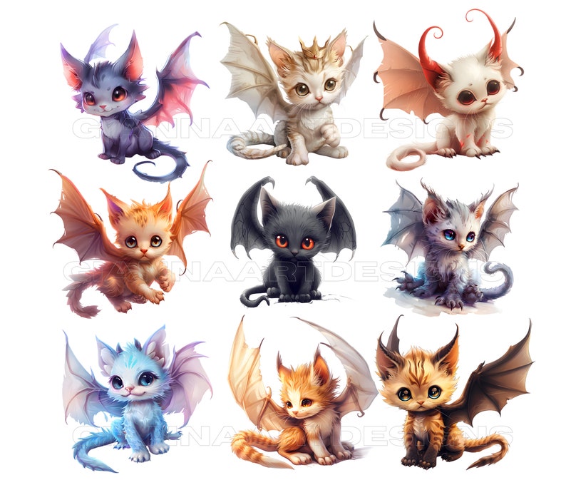 Whimsical Dragon Cat Clipart - Cute Watercolor Fantasy Creatures PNG ...