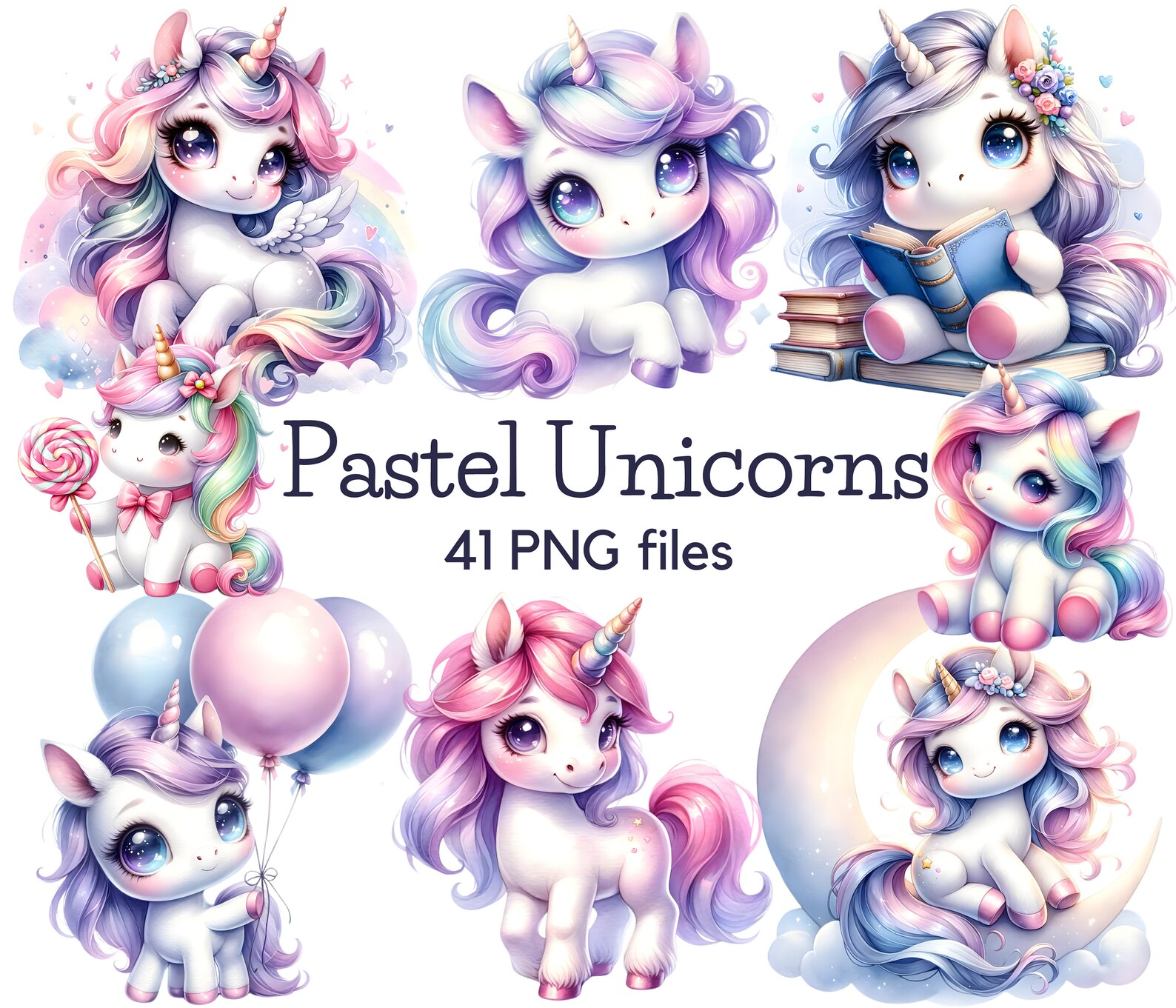 Pastel Unicorn Clipart - Cute Watercolor Unicorns PNG, Digital Download ...