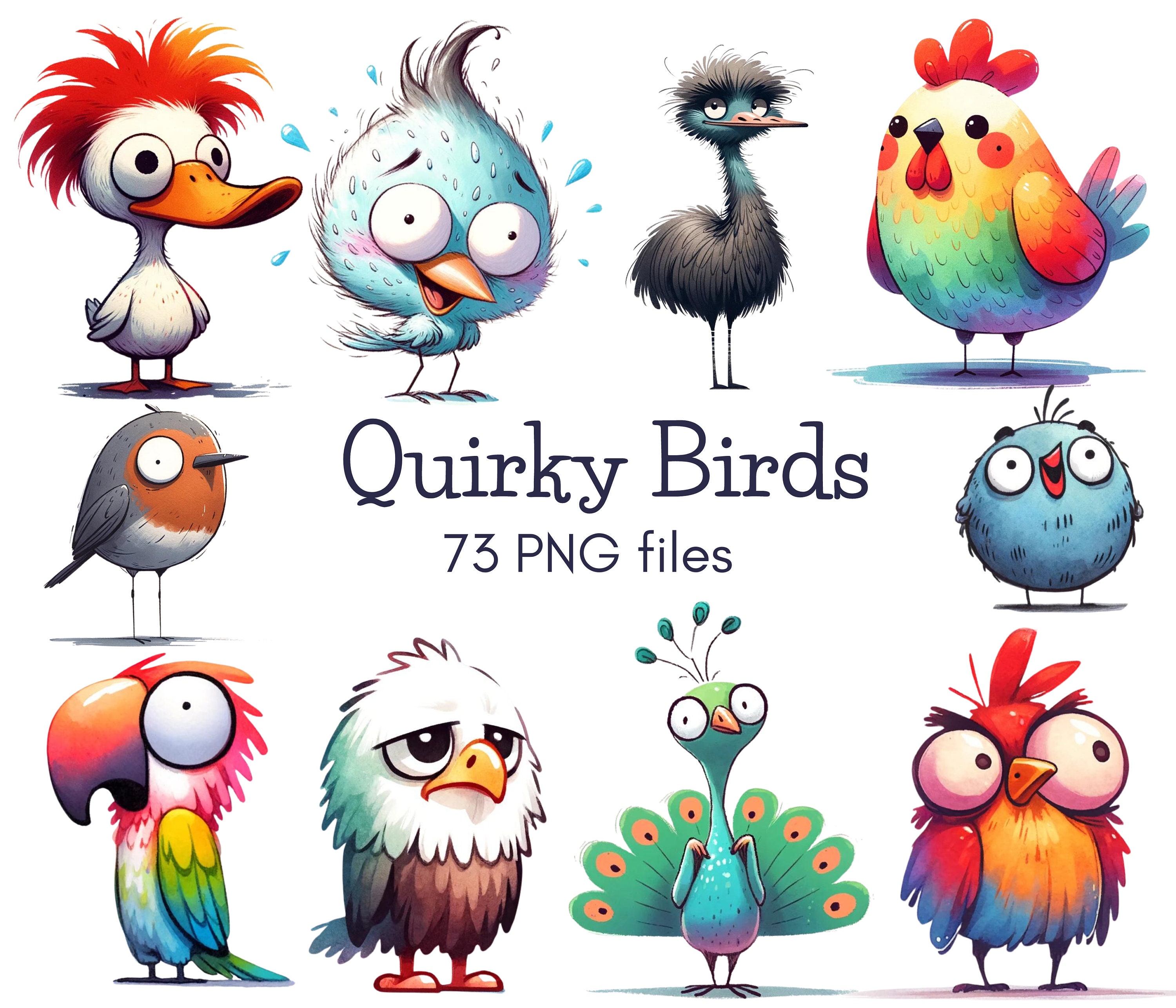 Quirky Birds Clipart Set - Cute and Funny Watercolor Birds PNG, Digital ...