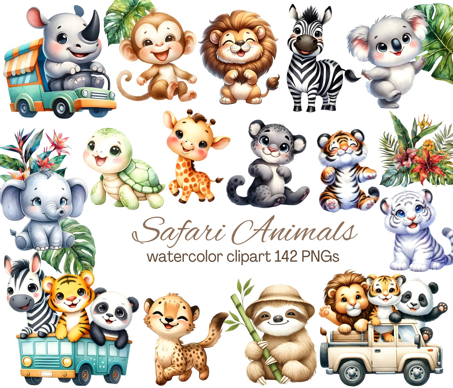 Watercolor Safari Animals Clipart PNG - Cute Jungle Wildlife Digital ...