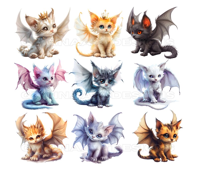 Whimsical Dragon Cat Clipart - Cute Watercolor Fantasy Creatures PNG ...
