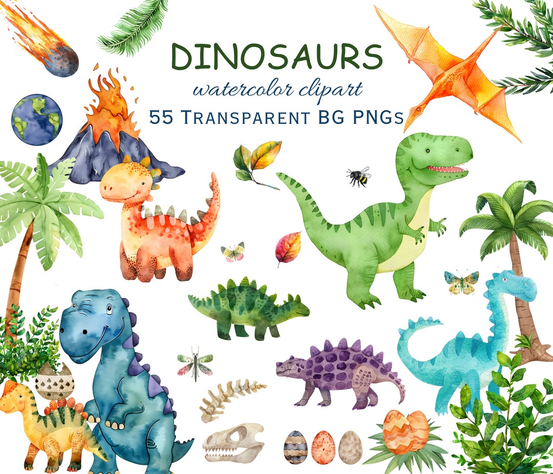 Adorable Dinosaur Watercolor Clipart Set - Cute Dino PNG Elements for ...