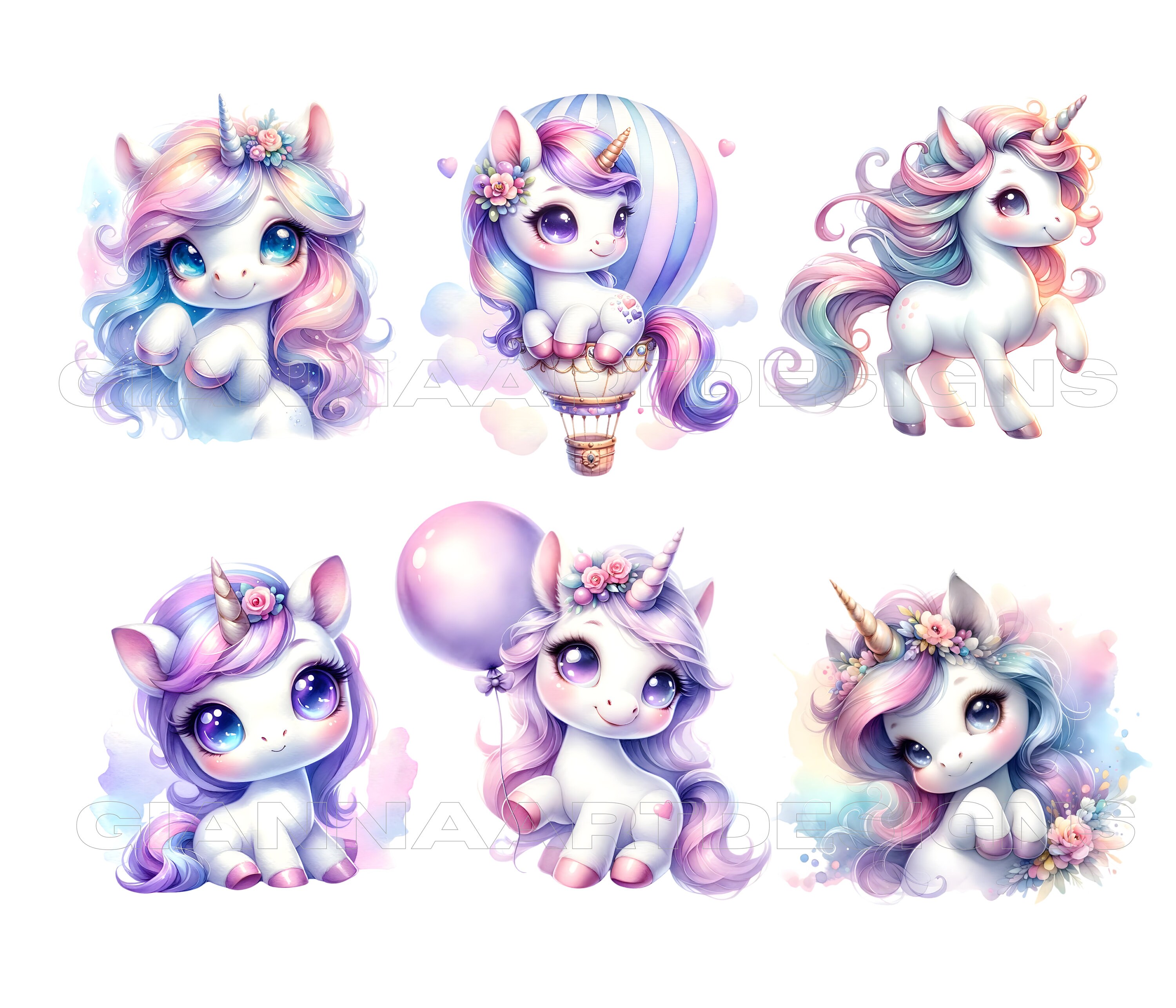 Pastel Unicorn Clipart - Cute Watercolor Unicorns PNG, Digital Download ...