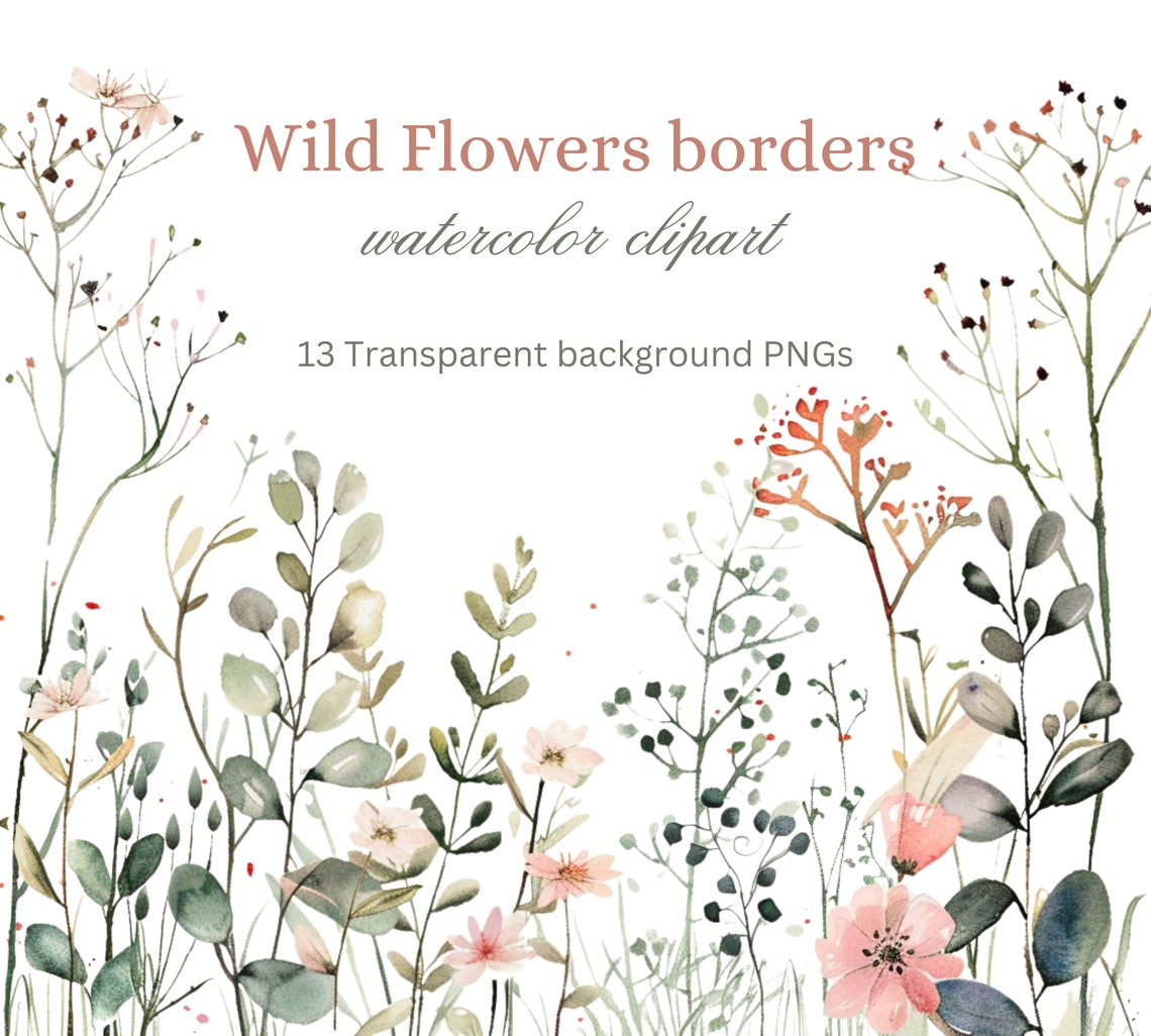 Wildflower Borders Watercolor Clipart: Vibrant Wild Flowers PNG, Nature ...