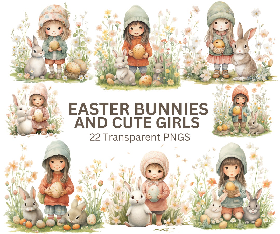Charming Easter Watercolor Clipart: Cute Girls, Bunnies & Eggs PNG ...