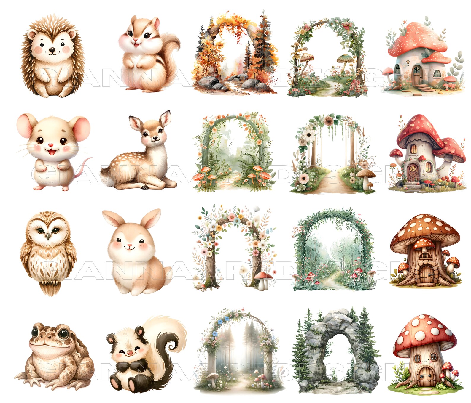 Whimsical Woodland Animals Watercolor Clipart Pngs | Forest Creature ...