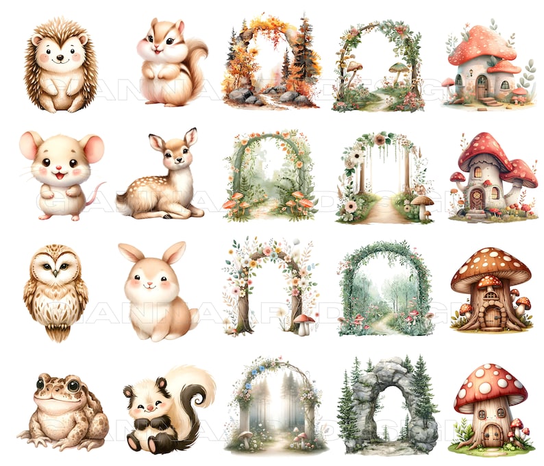 Whimsical Woodland Animals Watercolor Clipart Pngs | Forest Creature ...