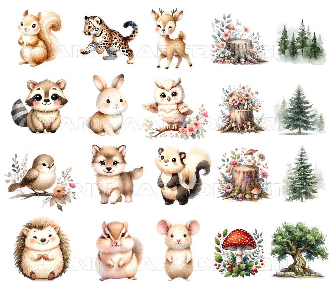 Whimsical Woodland Animals Watercolor Clipart Pngs Forest Creature Art ...