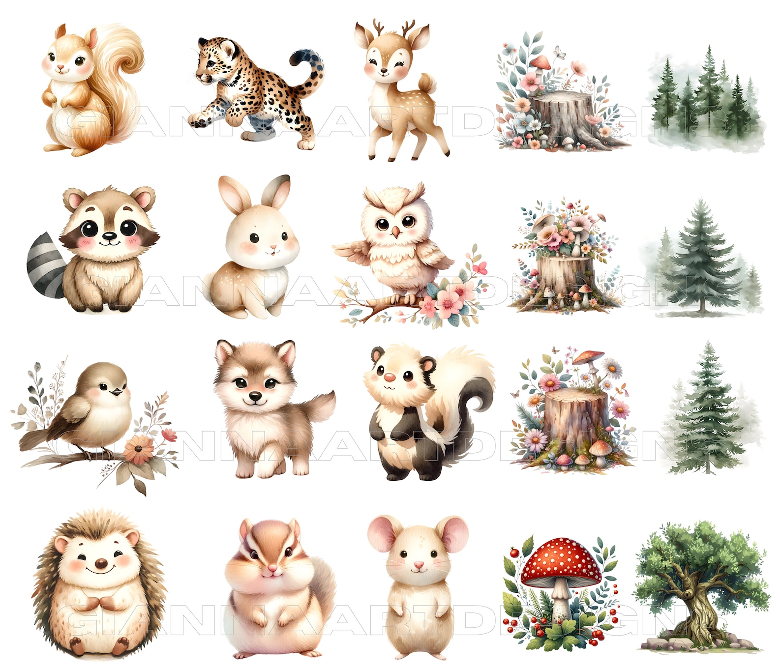 Whimsical Woodland Animals Watercolor Clipart Pngs | Forest Creature ...