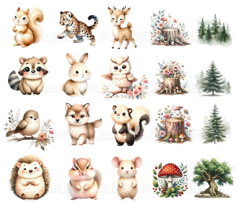 Whimsical Woodland Animals Watercolor Clipart Pngs | Forest Creature ...