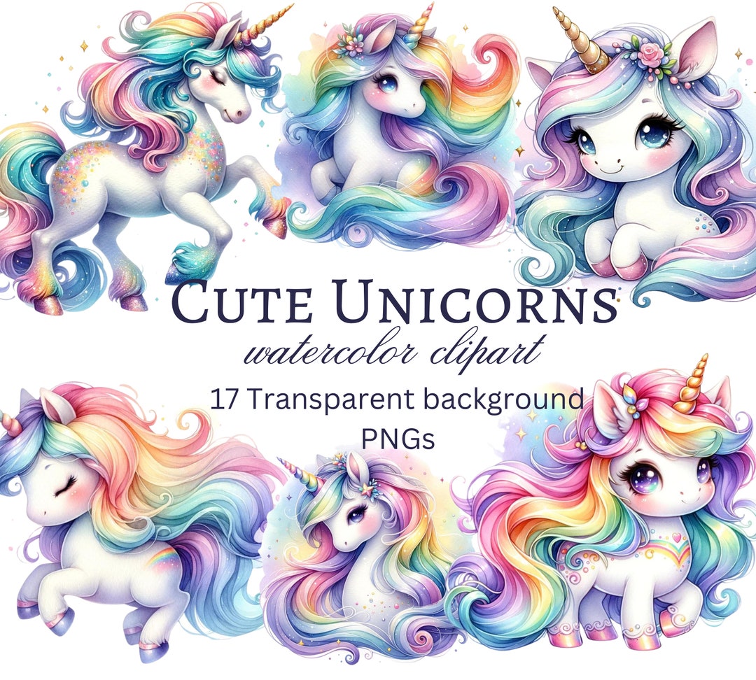 Whimsical Unicorn Clipart: Watercolor PNG, Cute Unicorn Graphics for ...