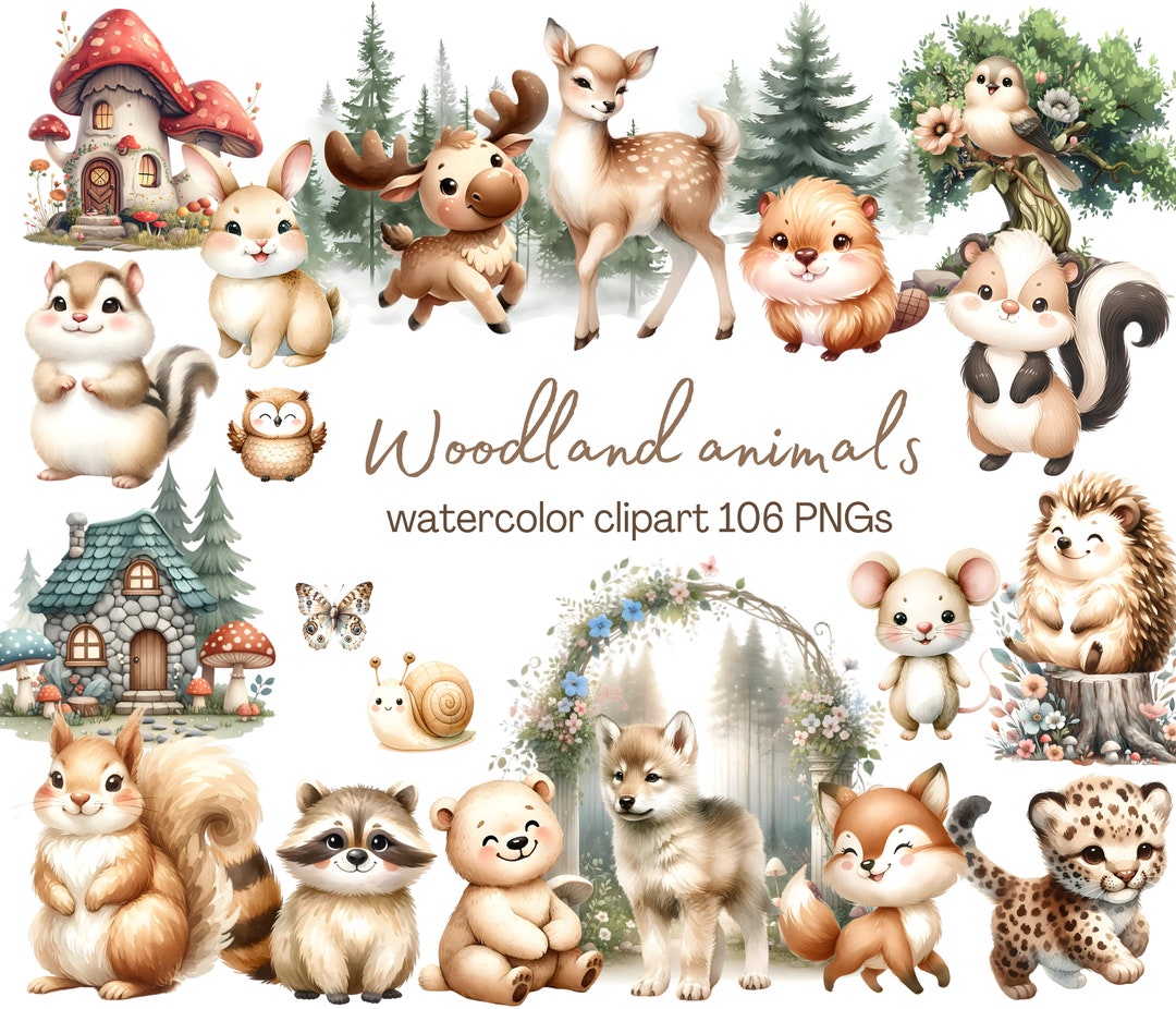 Whimsical Woodland Animals Watercolor Clipart Pngs | Forest Creature ...