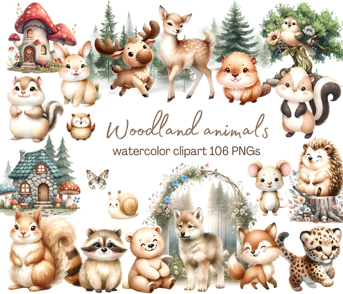 Whimsical Woodland Animals Watercolor Clipart Pngs | Forest Creature ...