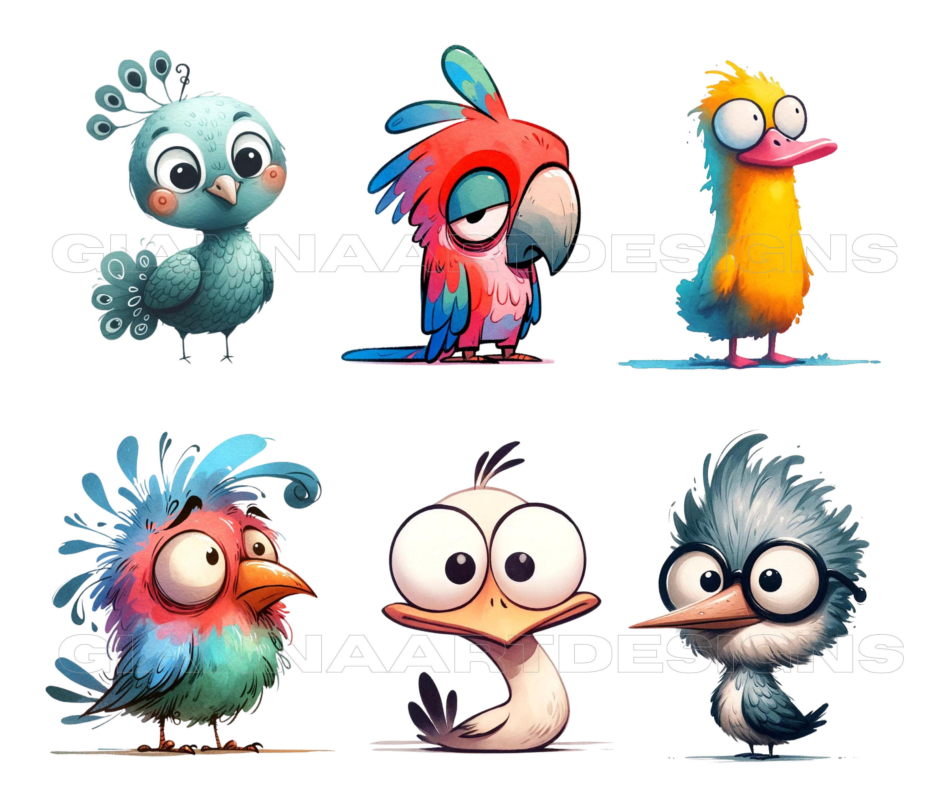 Quirky Birds Clipart Set - Cute and Funny Watercolor Birds PNG, Digital ...