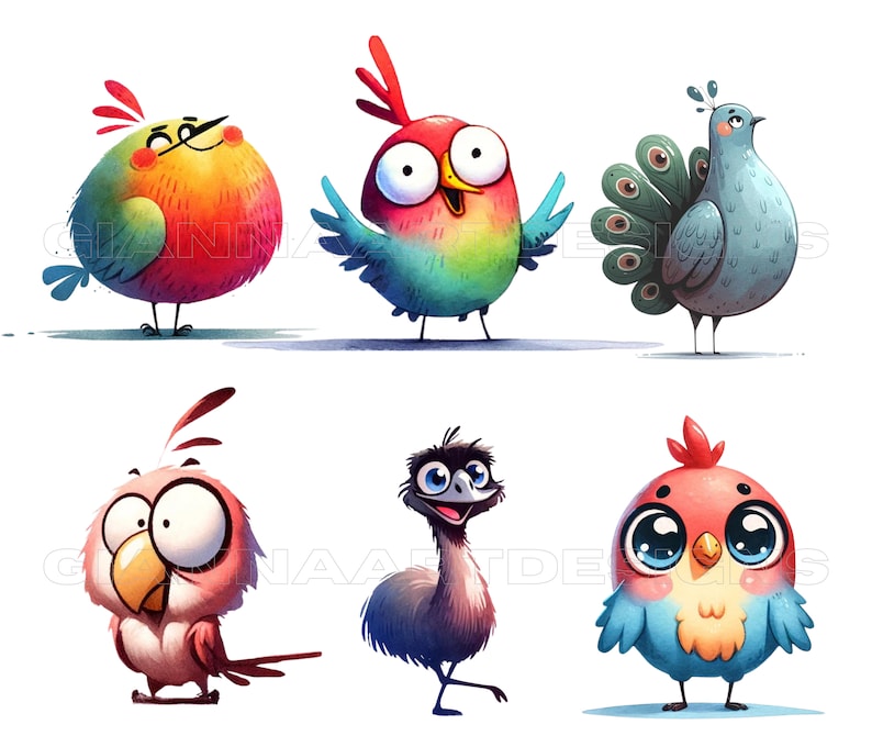 Quirky Birds Clipart Set - Cute and Funny Watercolor Birds PNG, Digital ...