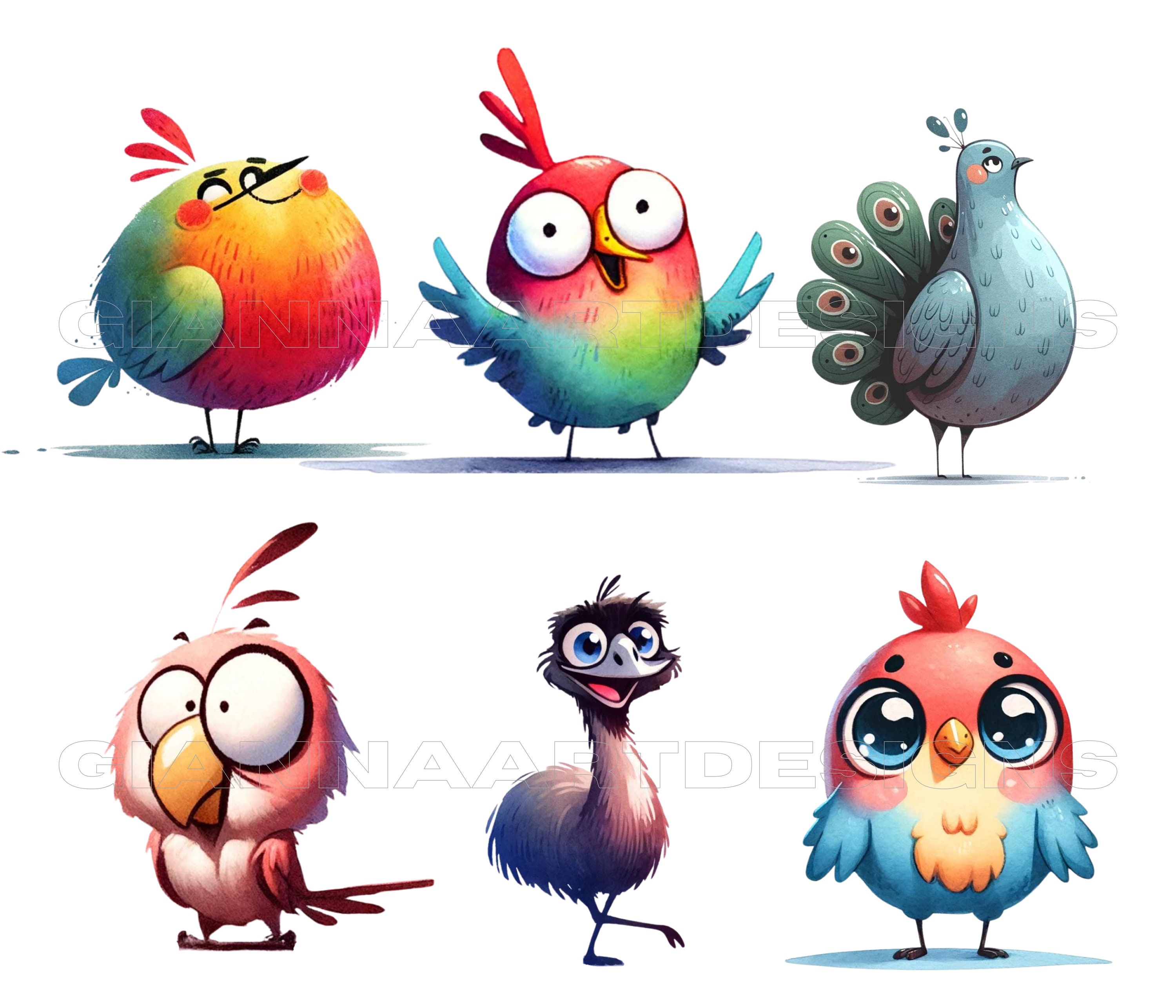 Quirky Birds Clipart Set - Cute and Funny Watercolor Birds PNG, Digital ...