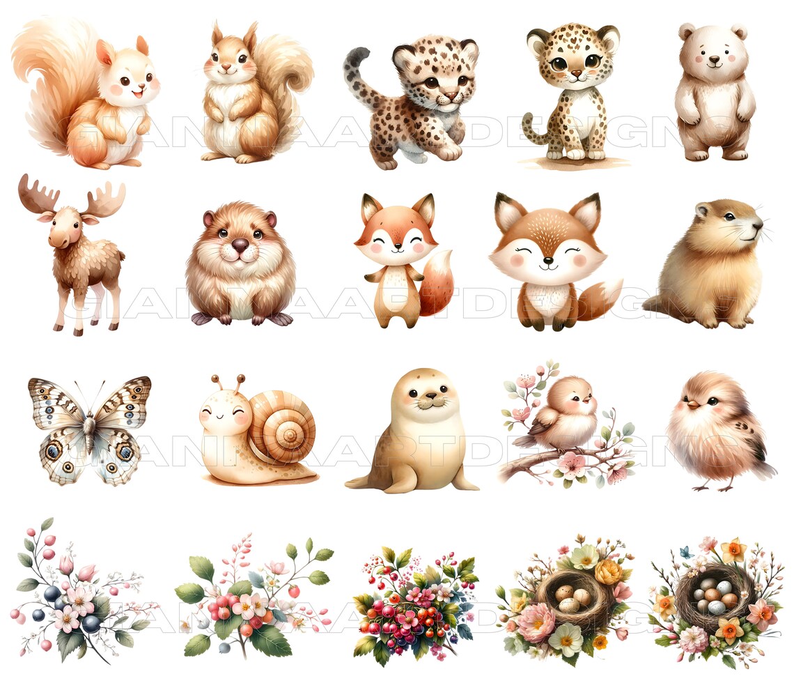 Whimsical Woodland Animals Watercolor Clipart Pngs Forest Creature Art ...