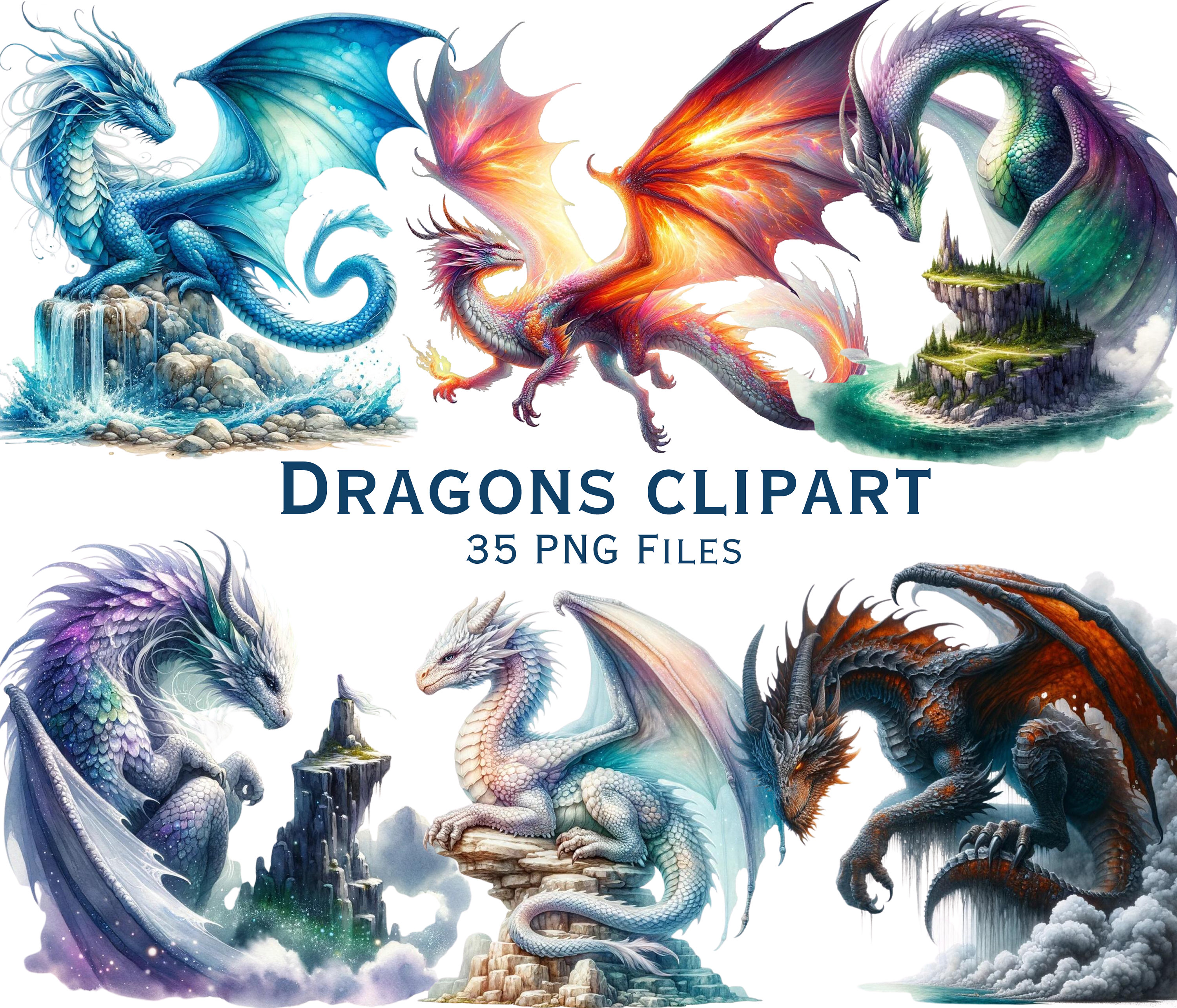 Watercolor Elemental Dragons Clipart - High-resolution PNG, Fantasy ...