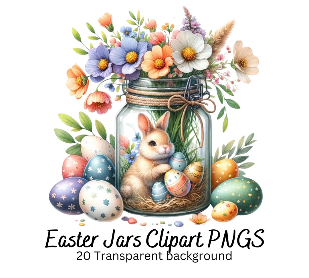 Whimsical Easter Egg & Rabbit Jars Clipart: Watercolor Easter PNG ...
