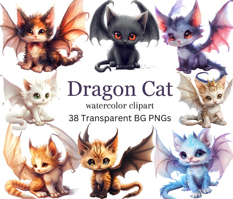 Whimsical Dragon Cat Clipart - Cute Watercolor Fantasy Creatures PNG ...