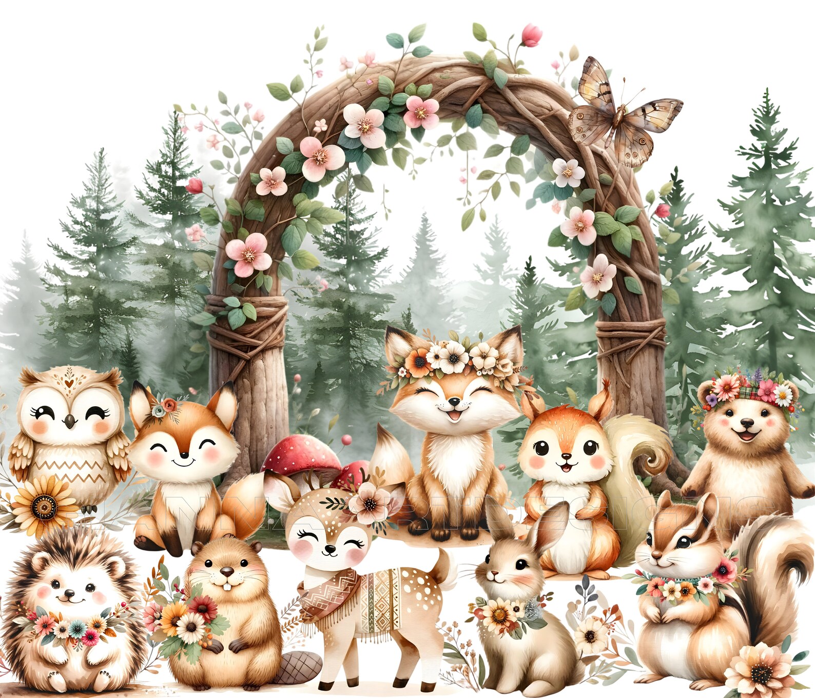 Boho Woodland Animals Clipart: Watercolor Pngs, Digital Download ...